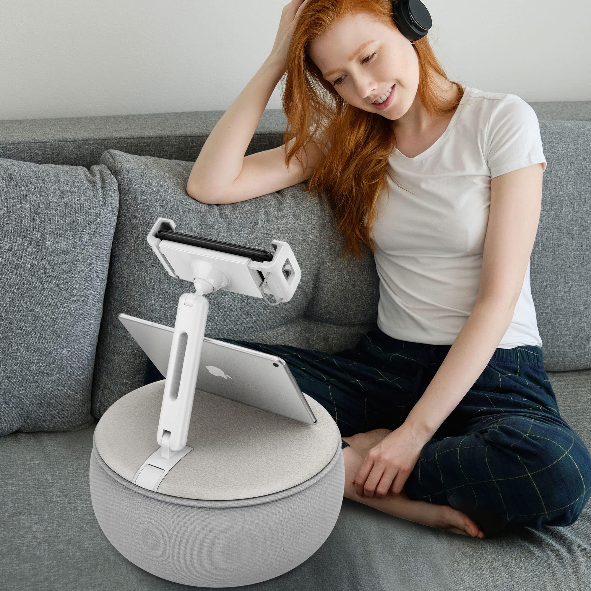 AboveTEK Tablet Pillow Stand Holder for Bed, Hands Free 360° Swivel Phone/iPad/Kindle Pillow Stand for Lap Reading in Bed Laying Down w/Soft Bean Bag, Fits 4.7" to 12.9" Tablets/Phones/Kindle (Grey)