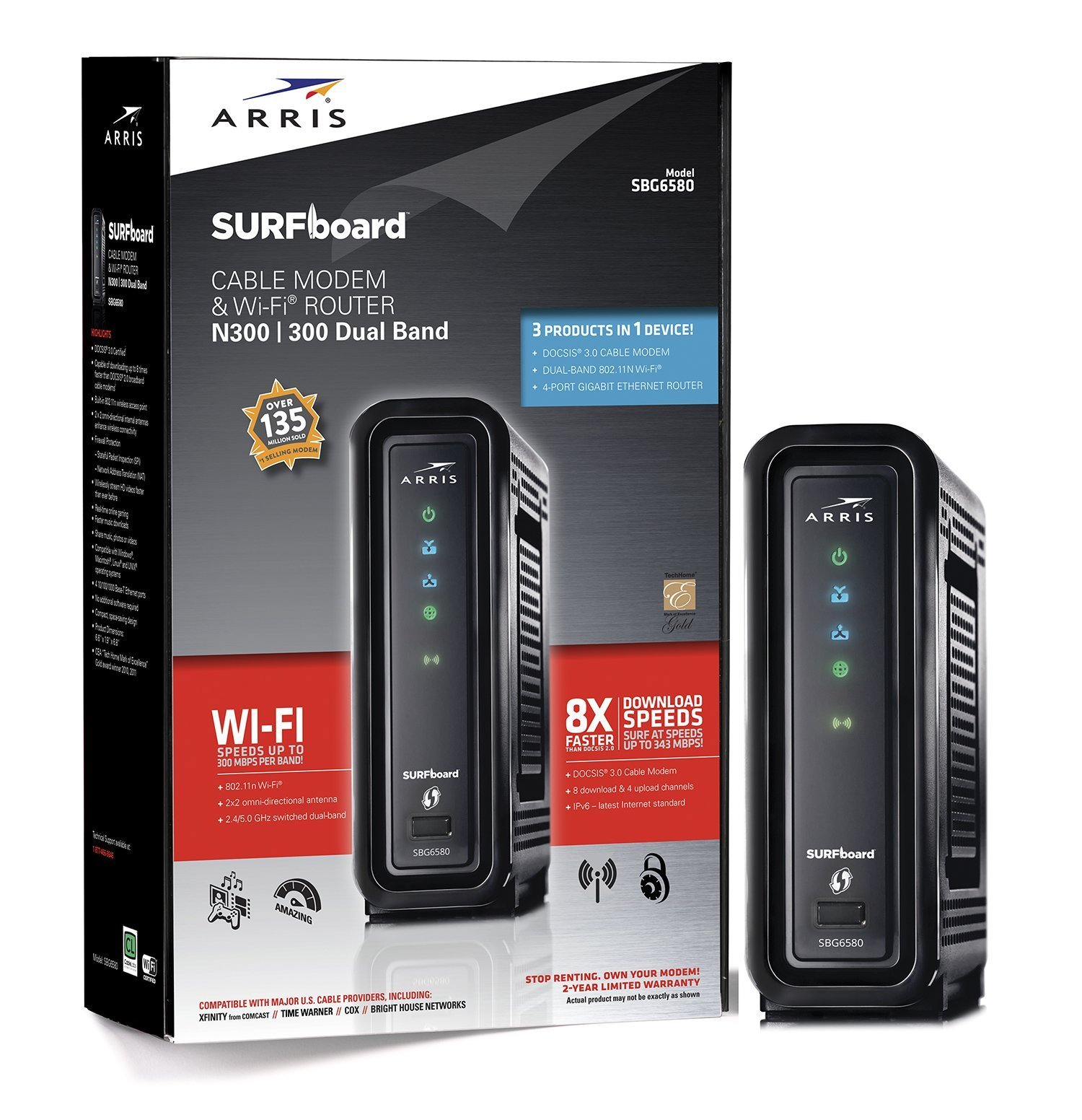 ARRIS SURFboard SBG6580 DOCSIS 3.0 Cable Modem/ Wi-Fi N300 2.4Ghz + N300 5GHz Dual Band Router - Retail Packaging Black (570763-006-00) (Renewed)