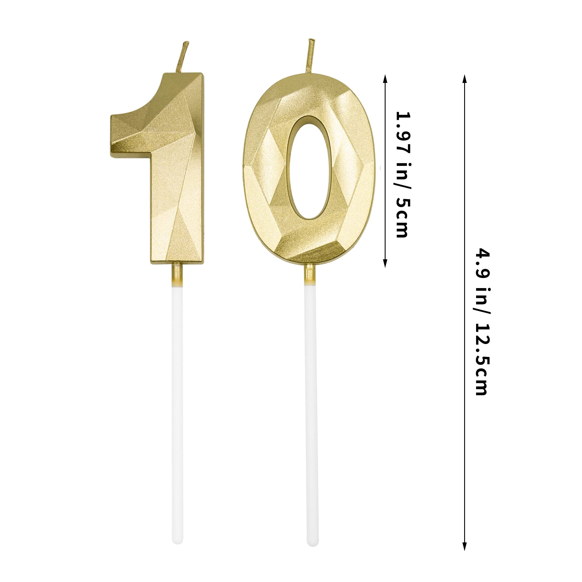 10th Birthday Candles for Cake, Gold Number 10 3D Diamond Shaped Candle Birthday Decorations Party Supplies for Girls or Boys
