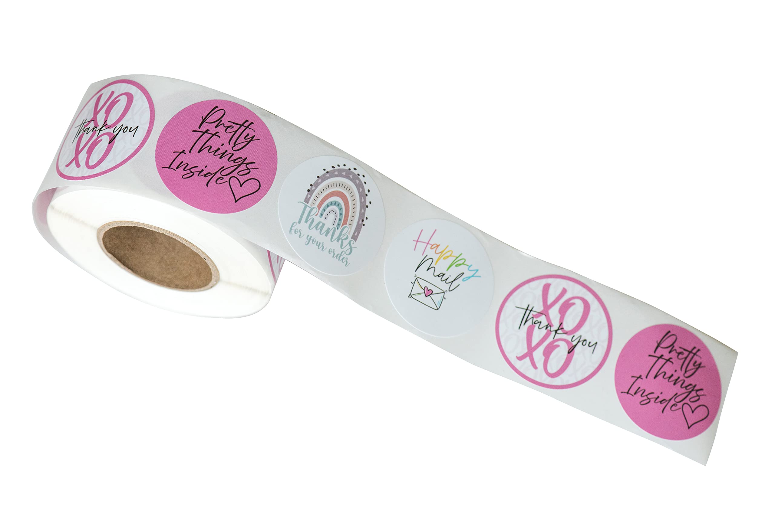 Assorted Cute Packaging Stickers - Roll of 500 - Four Fun Designs - 1.5" Round Glossy Sealers for Small Business - Happy Mail - Thank You for Your Business/Pretty Things Inside