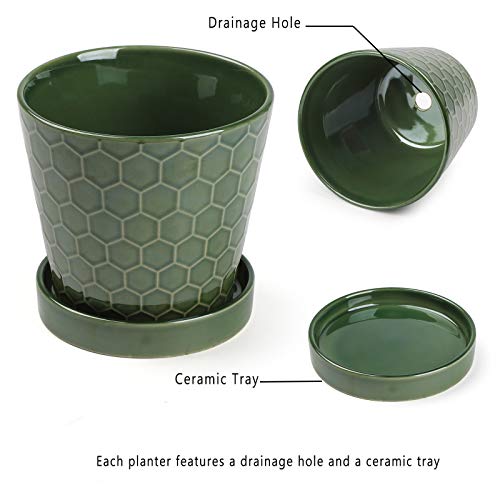 BUYMAX Succulent Planter β4β+5β+6β inch Ceramic Flower Pot with Drainage Holes and Ceramic Tray - Gardening Home Desktop Office Windowsill Decoration Gift Set 3 - Plants NOT Included (Patina)