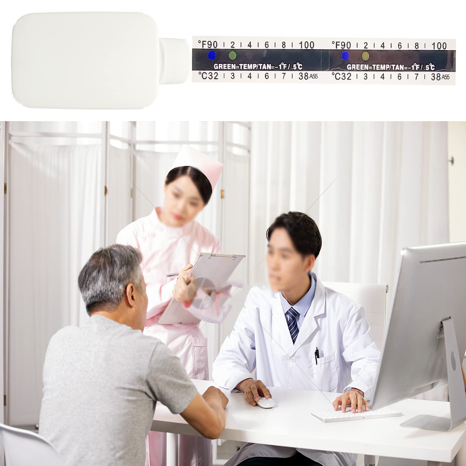 12pcs Urine Test Complete Kits, 2 Portable Empty Bottles with 10 Adhesive Temperature Test Strip, Portable Travel Bottle Adhesive Thermometer Strip for Urine Testing.