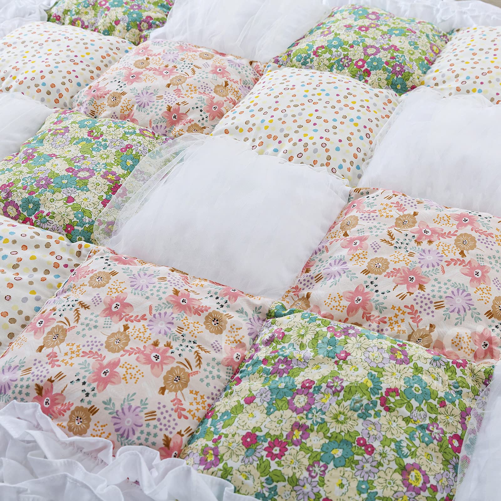Brandream Luxury Girls Nursery Bedding Farmhouse Floral Crib Bedding Patchwork Baby Blanket Set, 4 Piece Cotton Layered Ruffle Set Pink White Green