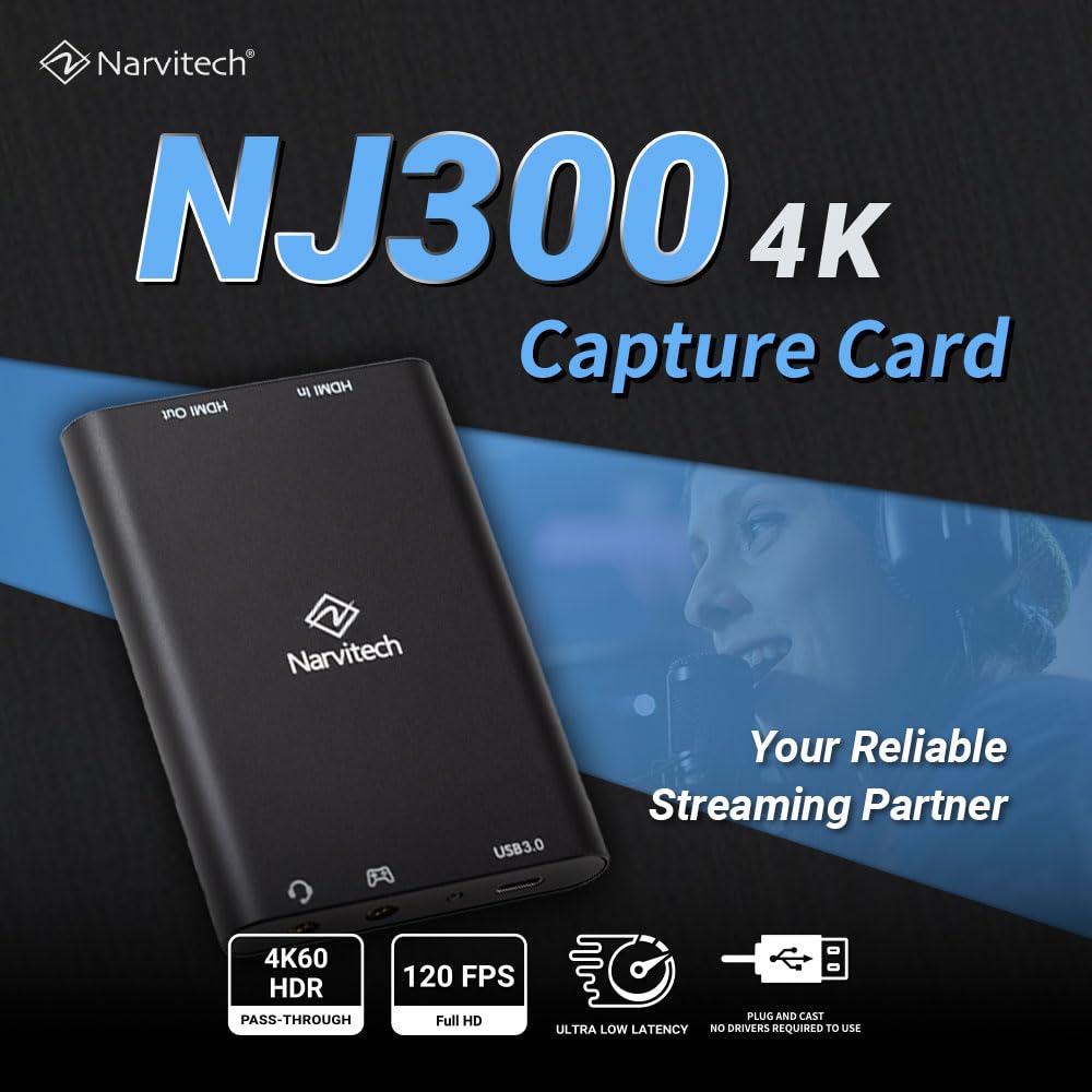 Narvitech NJ300, External Capture Card. 4K60 Passthrough, Stream and Record in 1080P60 with ultra-low latency on PS5, PS4, Xbox Series X/S, in OBS and more, on PC and Mac. Supports Party Chat capture.