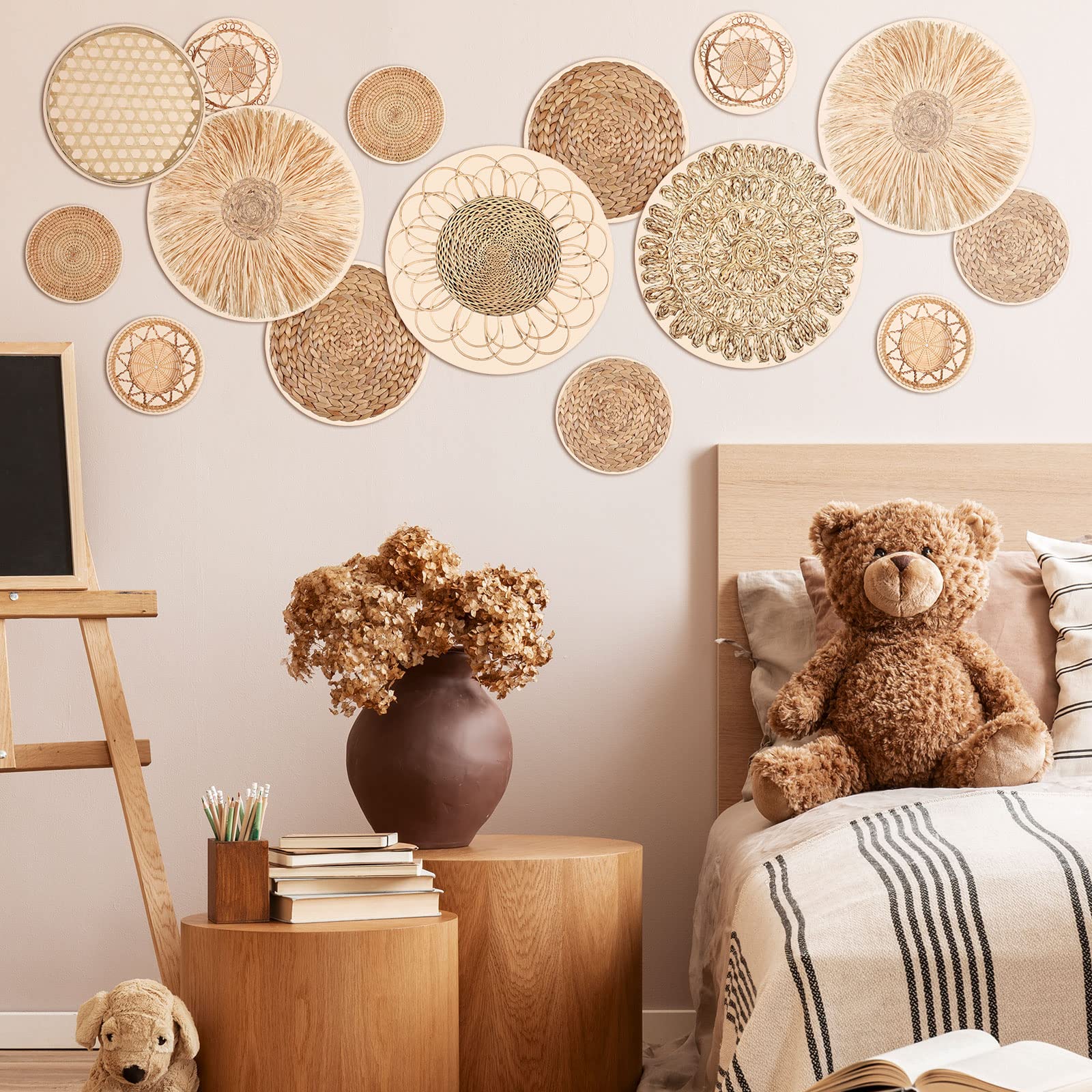 15 Pcs Boho Basket Wall Decor Round Boho Wall Decals Modern Wall Stickers Peel and Stick Wall Bohemian Decor Rustic Removable Boho Wallpaper Art for Home Office Living Room Bedroom (Cute Style)