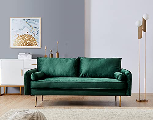 SLEERWAY Velvet Couch with 2 Small Pillows, Modern Loveseat Sofa Twin Size Contemporary Sofas for Living Room and Bedroom (Green)