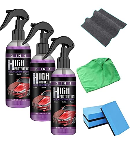 3 in 1 High Protection Quick Car Coating Spray, Extreme Slick Streak-Free Polymer Quick Detail Spray, Plastic Parts Refurbish Agent, Quick Coat Car Wax Polish Spray for Cars, Easy to Use (100ml, 3)