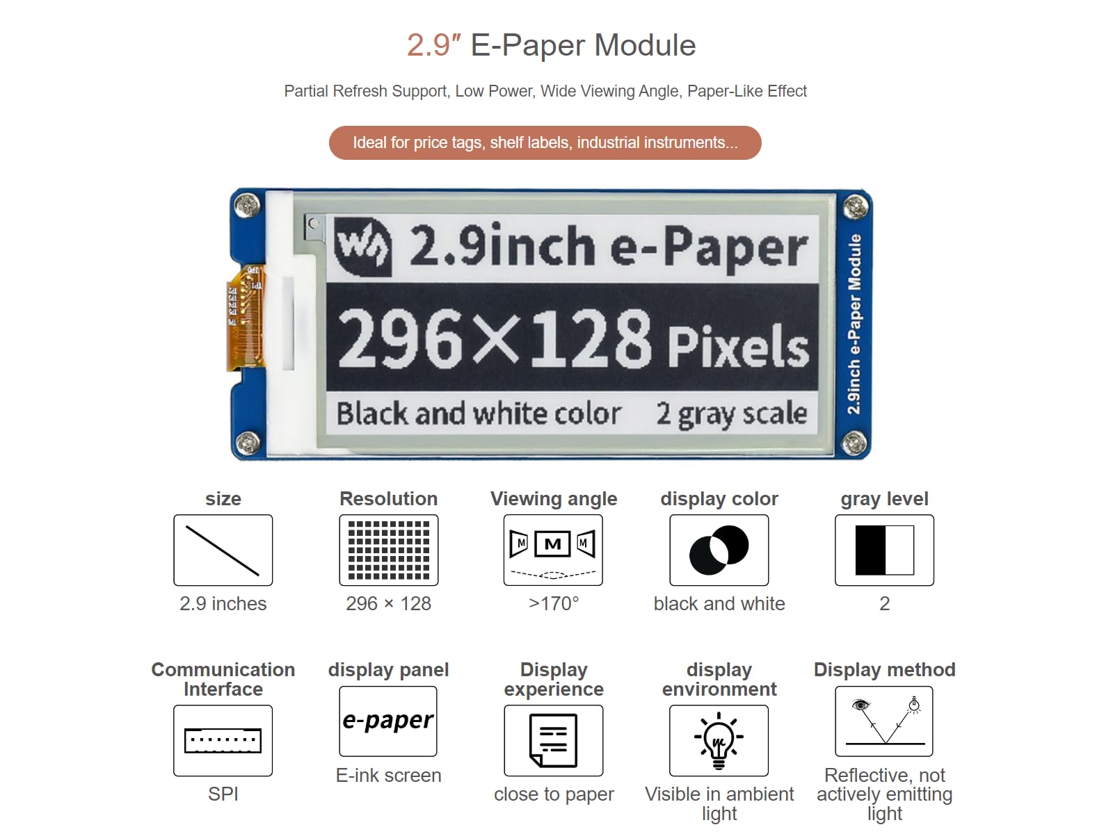 2.9inch e-Paper Display Module, 296x128 Resolution 3.3V/5V Two-Color epaper Display E-Ink Screen Module SPI Interface Compatible with Raspberry Pi/Arduino/Jetson Nano,Support Partial Refresh