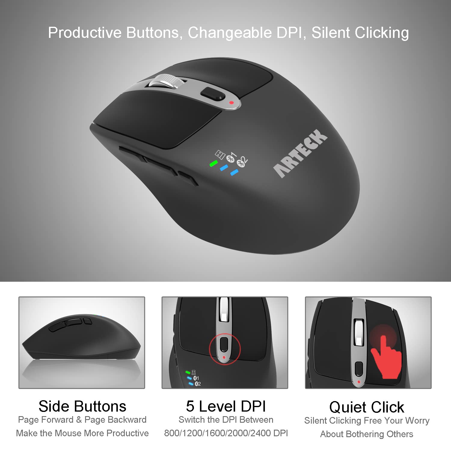 Arteck Wireless Bluetooth Mouse with Nano USB Receiver, Black, 4-Month Battery Life, Ergonomic Design
