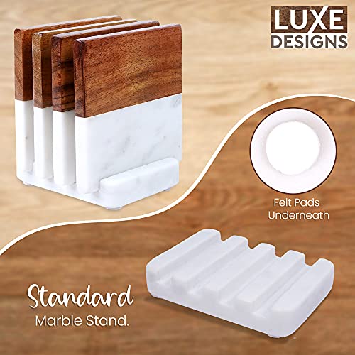 Acacia Wood & White Marble Coasters with Holder (4 Piece) β Square Absorbent Coasters For Drinks: Tea, Coffee, Wine & More β Fancy Half Marble Half Wood Coasters Set for Home & Kitchen Decor (4β x 4β)