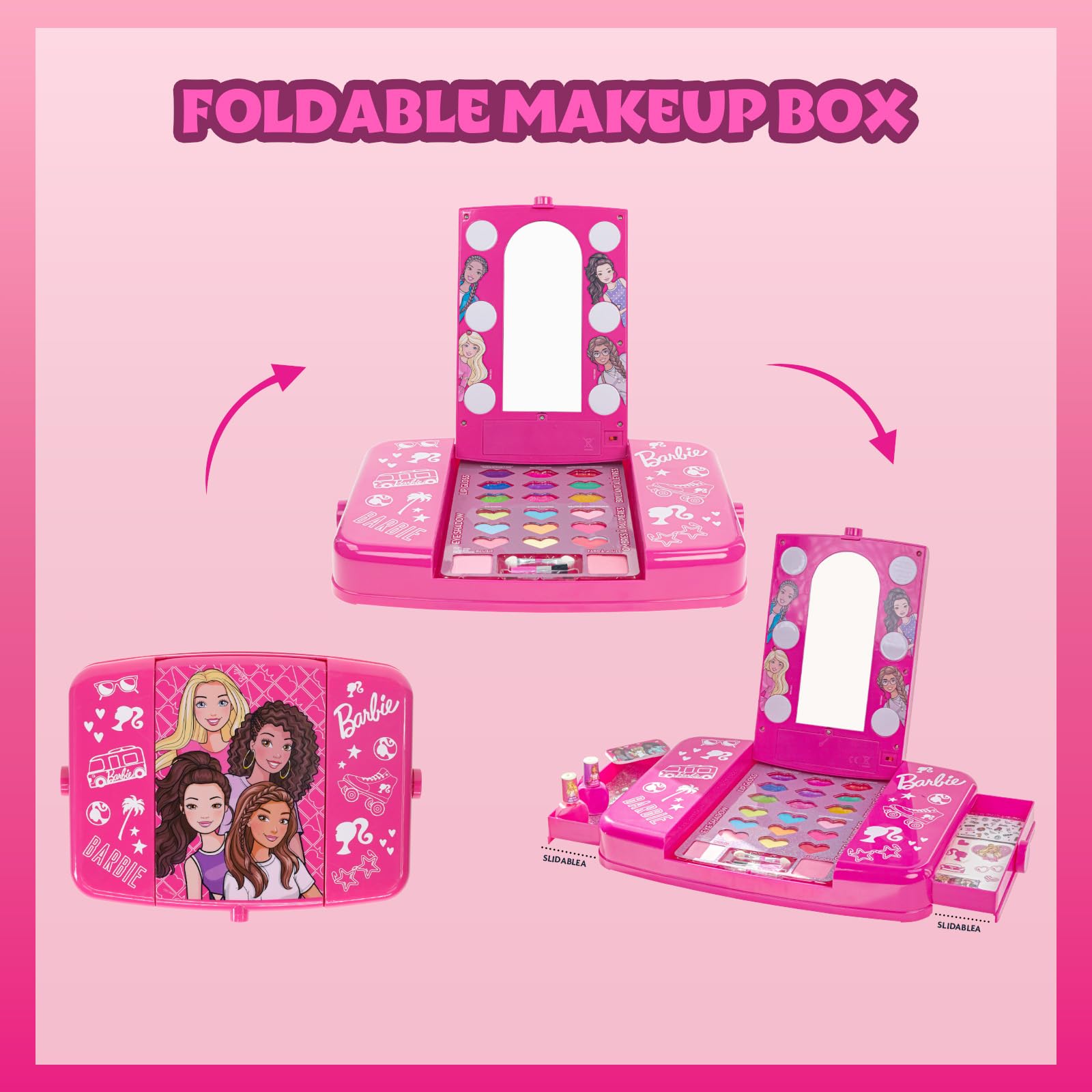 Barbie Beauty Vanity Set with Light-Up Mirror, Includes Lip Gloss, Eye Shadow, Brushes, Nail Polish, Accessories, and More! Ages 3+ Perfect for Parties, Sleepovers, and Makeovers, by Townley Girl