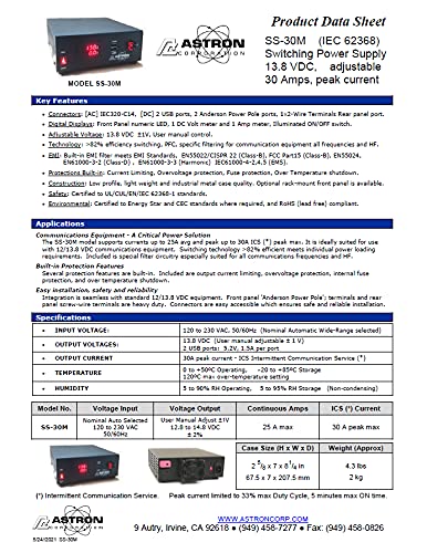 Astron SS-30M-AP (IEC 62368) Switching Power Supply 13.8 VDC, Adjustable 30 Amps, Peak Current