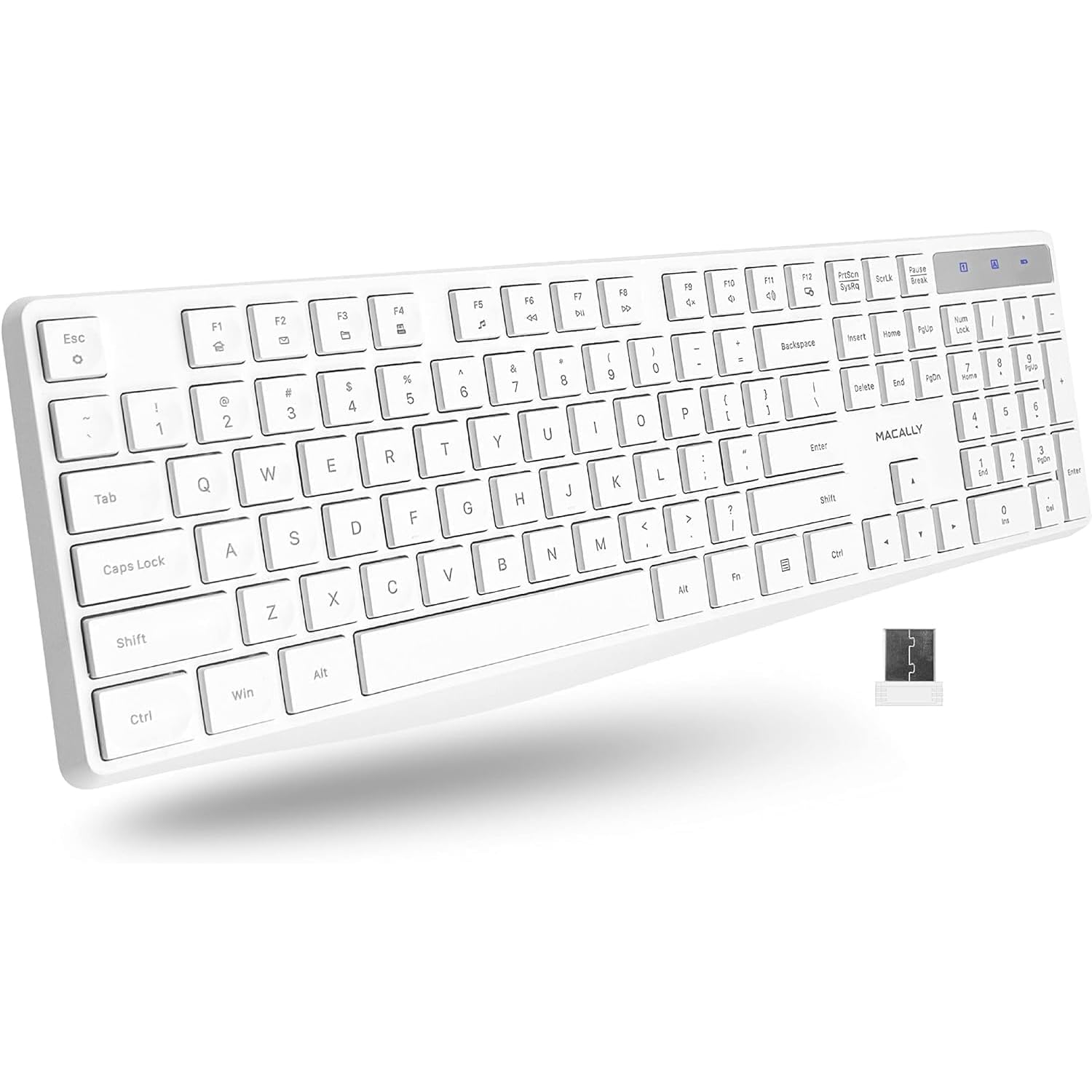 Macally Wireless Keyboard, 2.4G Wireless White Keyboard - Ergonomic Full Size Computer Keyboard with Numeric Keypad for Laptop, Desktop, Surface, Chromebook, Notebook