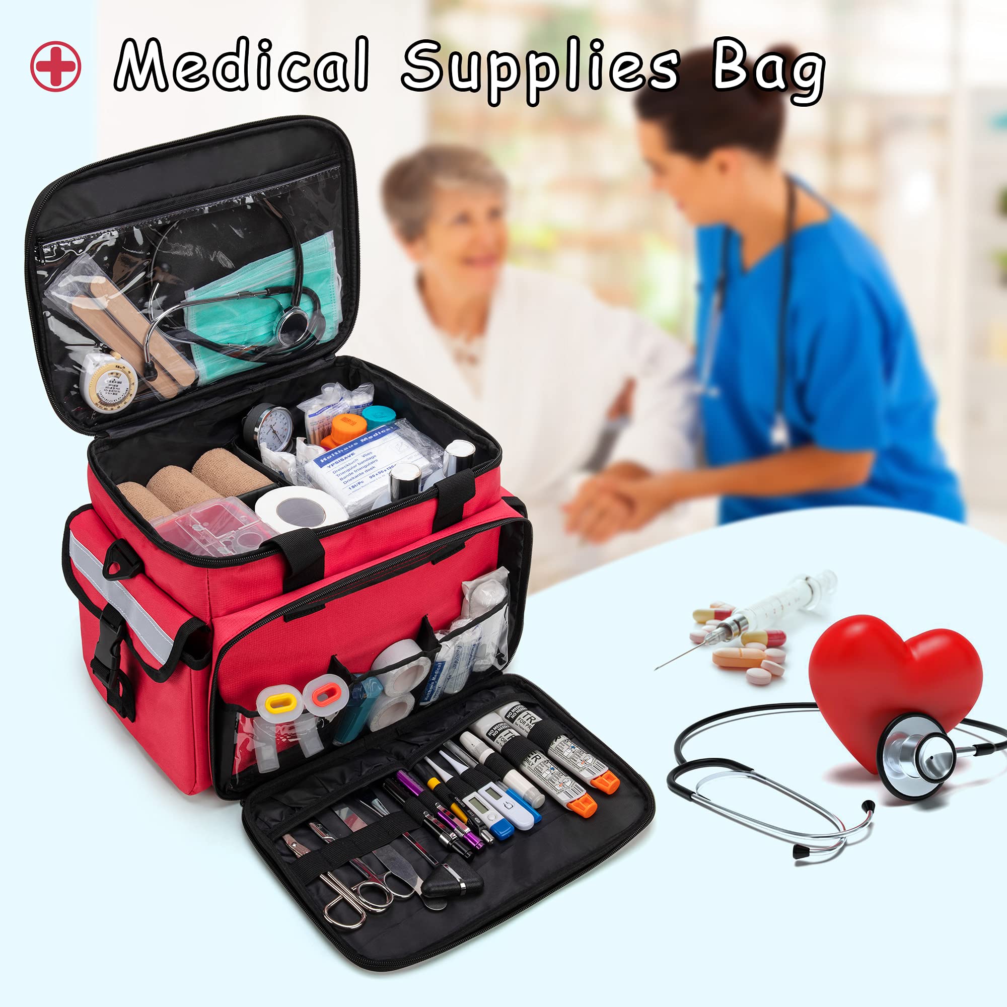 CURMIO First Aid Kits Bag Empty, Emergency Supplies Bag Medical Bag for Home Health Care and Trauma Kits, Red (Empty Bag Only)