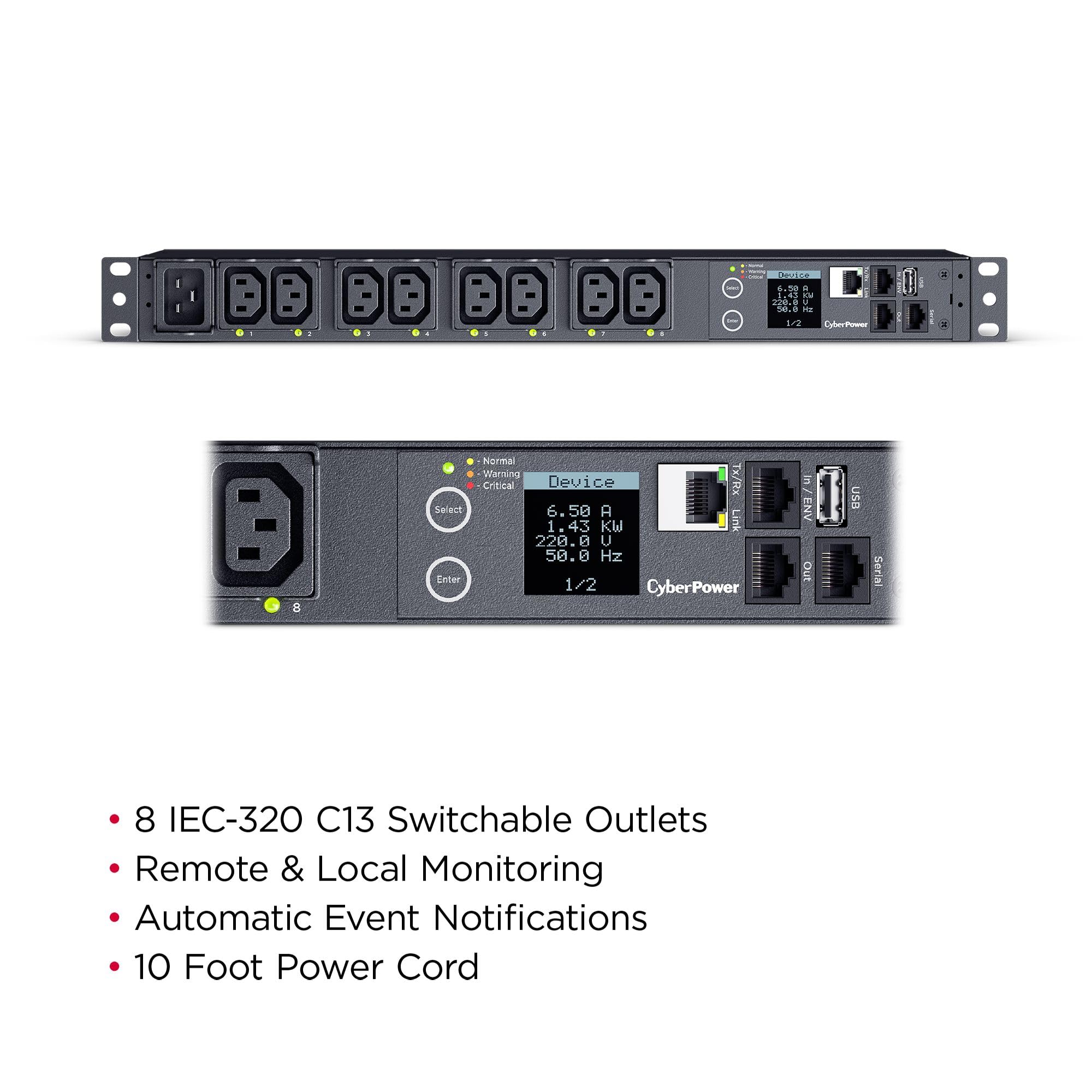 CyberPower PDU41005 Switched PDU, 100-240V, 20A (Derated to 16A), 8 Outlets, 1U Rackmount