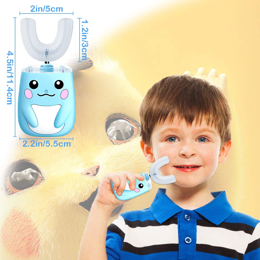 BASHUO Kids Ultrasonic Electric Toothbrush, 6 Gear Speed Mode IPX7 for Sensitive Teeth 360° Oral Cleaning U Shaped Toothbrush for Children Toddler 2-7 Years Old (Pink)