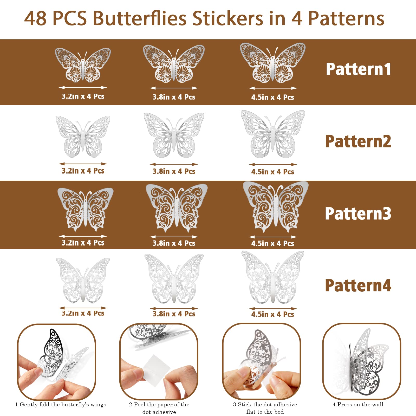 3D Butterfly Wall Decor Stickers Silver Butterfly Decorations Party, 48Pcs 4 Patterns 3 Sizes, Butterfly Cake Decorations Paper Butterflies Wall Decals for Kids Baby Nursery Room Bedroom Birthday