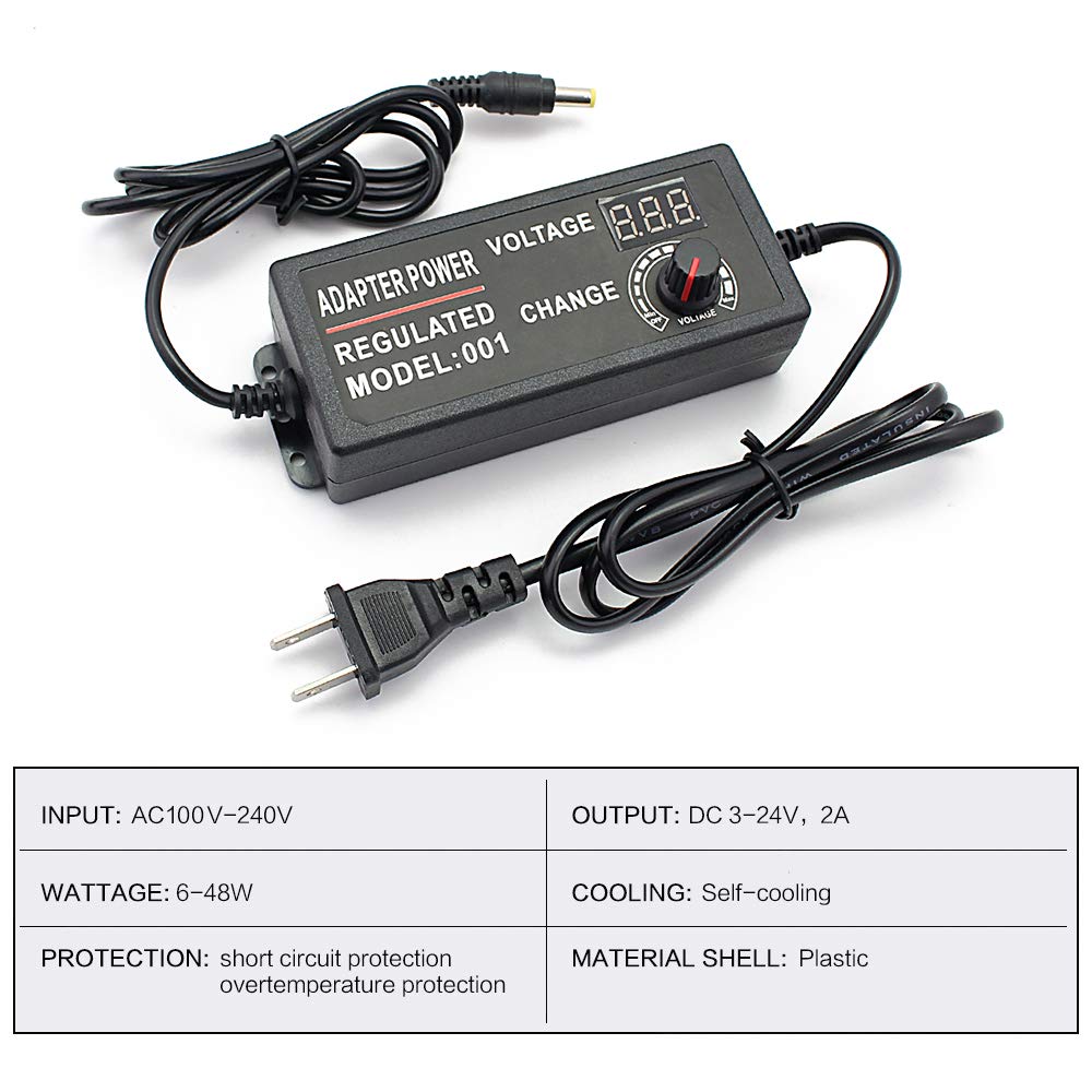 3-24V 2A Adjustable Power Adapter, Yetaida 48W Universal Switching Variable Power Supply 100-240V AC to DC 5V 6V 9V 12V 15V 18V 19V 20V for LCD Monitors, LCD TVs, LED Strip Lights, Routers