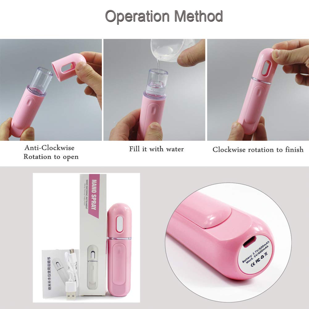 Nano Facial Mister, Portable Mini Cool Mist Facial Steamer Moisturizing Hydrating Face Sprayer for Skin Care, Makeup, Cleaning Pores,Eyelash Extensions,Summer Cool (Pink)