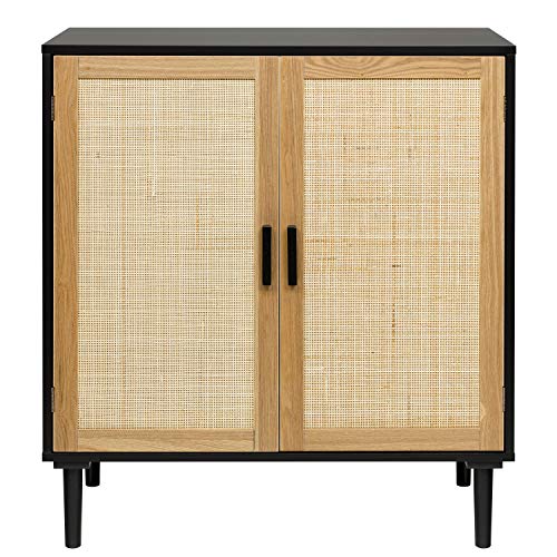 Finnhomy Sideboard Buffet Cabinet, Kitchen Storage Cabinet with Rattan Decorated Doors, Liquor Cabinet for Bar, Dining Room, Hallway, Cupboard Console Table, Accent Cabinet, 31.5X 15.8X 34.6 Inches