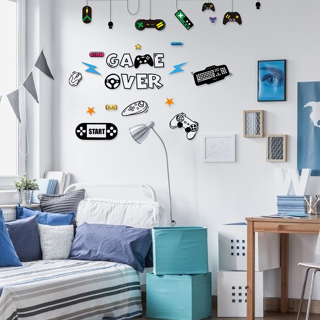 Gamer Wall Sticker Game Wall Decals for Boys,Video Game Room Decor Gaming Controller Wall Stickers Removable DIY Cartoon Party Wallpaper for Kids Bedroom Home Playroom Decoration,6 Sheets