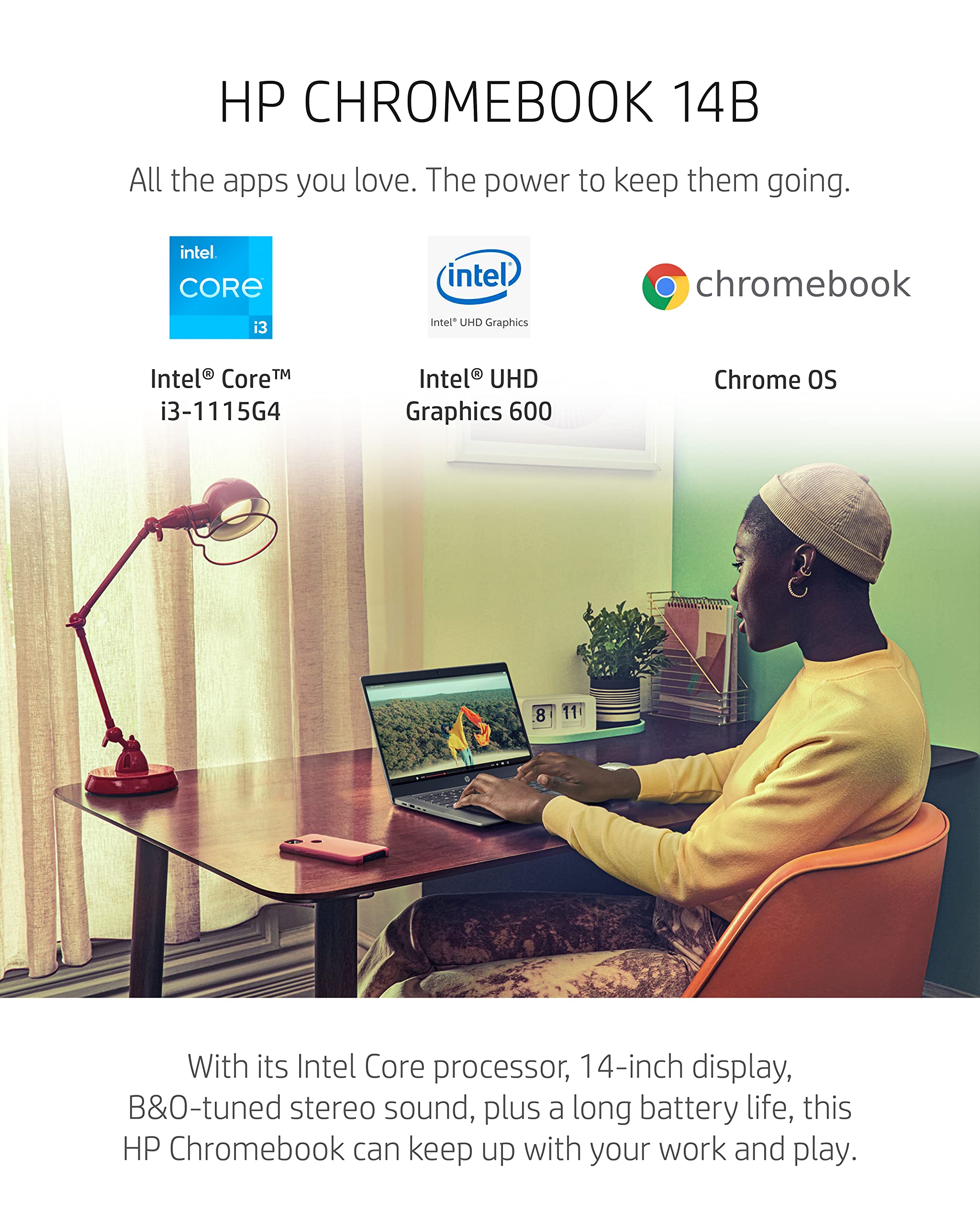 HP Chromebook 14b Laptop, 11th Gen Intel Core i3-1115G4, 8 GB RAM, 128 GB SSD, 14” HD Anti-Glare Touchscreen, Chrome OS, 720p Webcam and Camera Shutter, Audio by B&O, Backlit Keys (14b-nb0010nr, 2021)