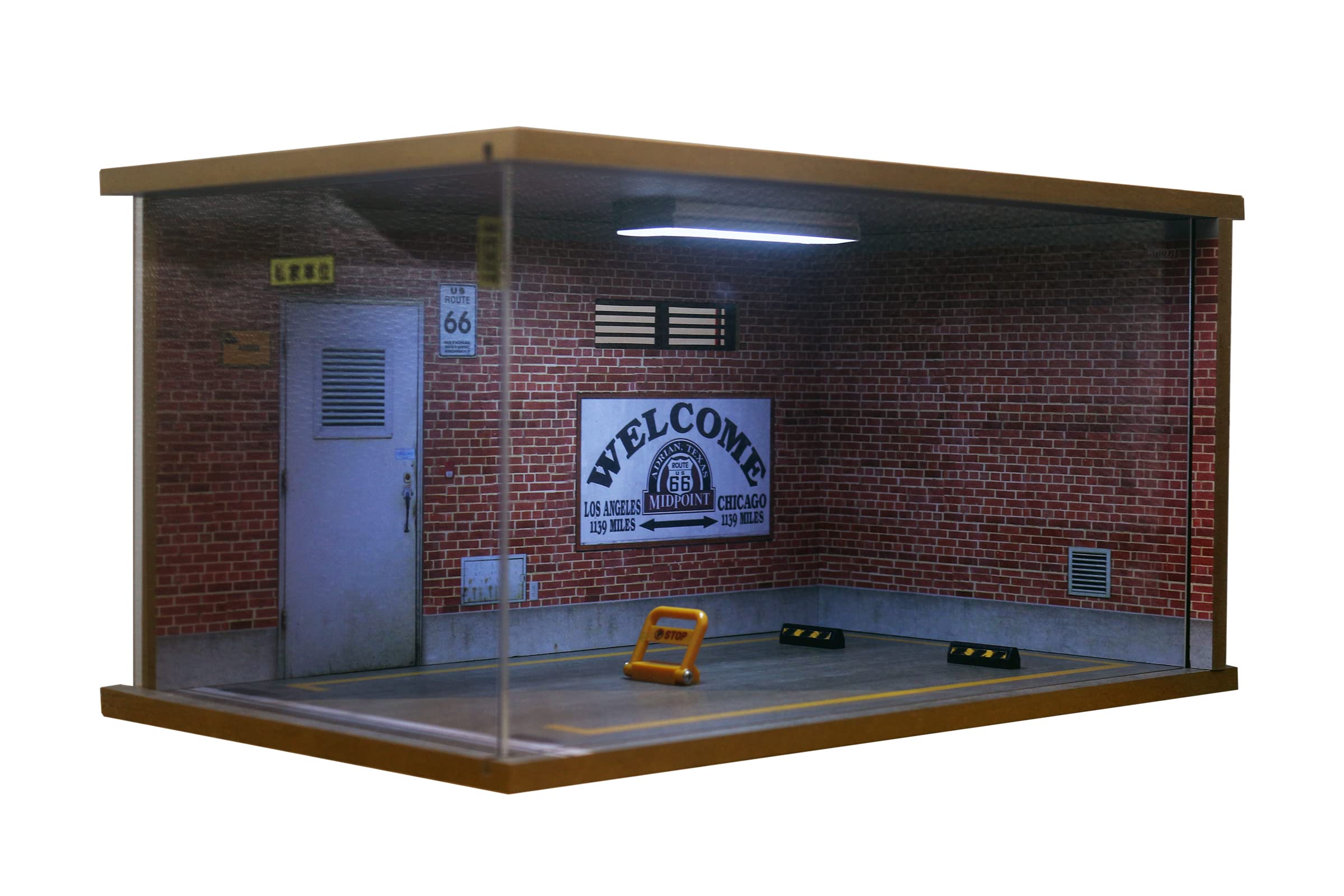 1/18 Scale Model Car Display Case - 1:18 Car Garage Display Case with Clear Acrylic Cover and LED Lighting for Die-Cast Cars, 1 Parking Route 66-Left