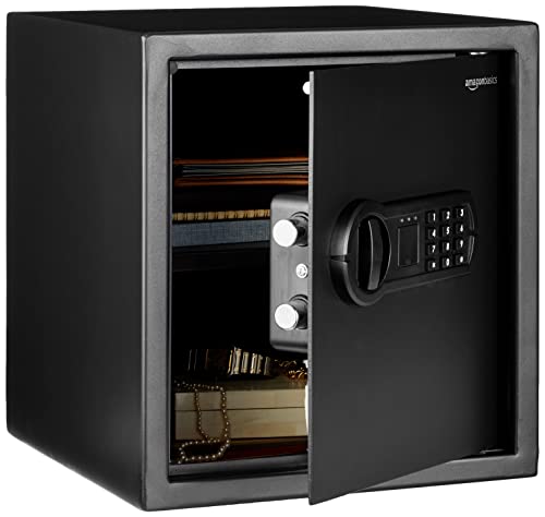 Amazon Basics Steel Home Security Safe with Programmable Keypad Lock, Secure Documents, Jewelry, Valuables, 1.2 Cubic Feet, Black, 13" x 13" x 14.2"