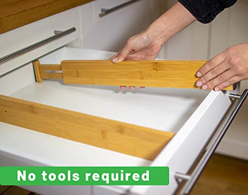 Bamboo Drawer Dividers Organizers 6-pack (12"-17") Adjustable Spring Loaded Drawer Divider Expandable Drawer Organizer Utensil Separators for Kitchen, Bedroom, Dresser, Office, Baby Drawers, Closet