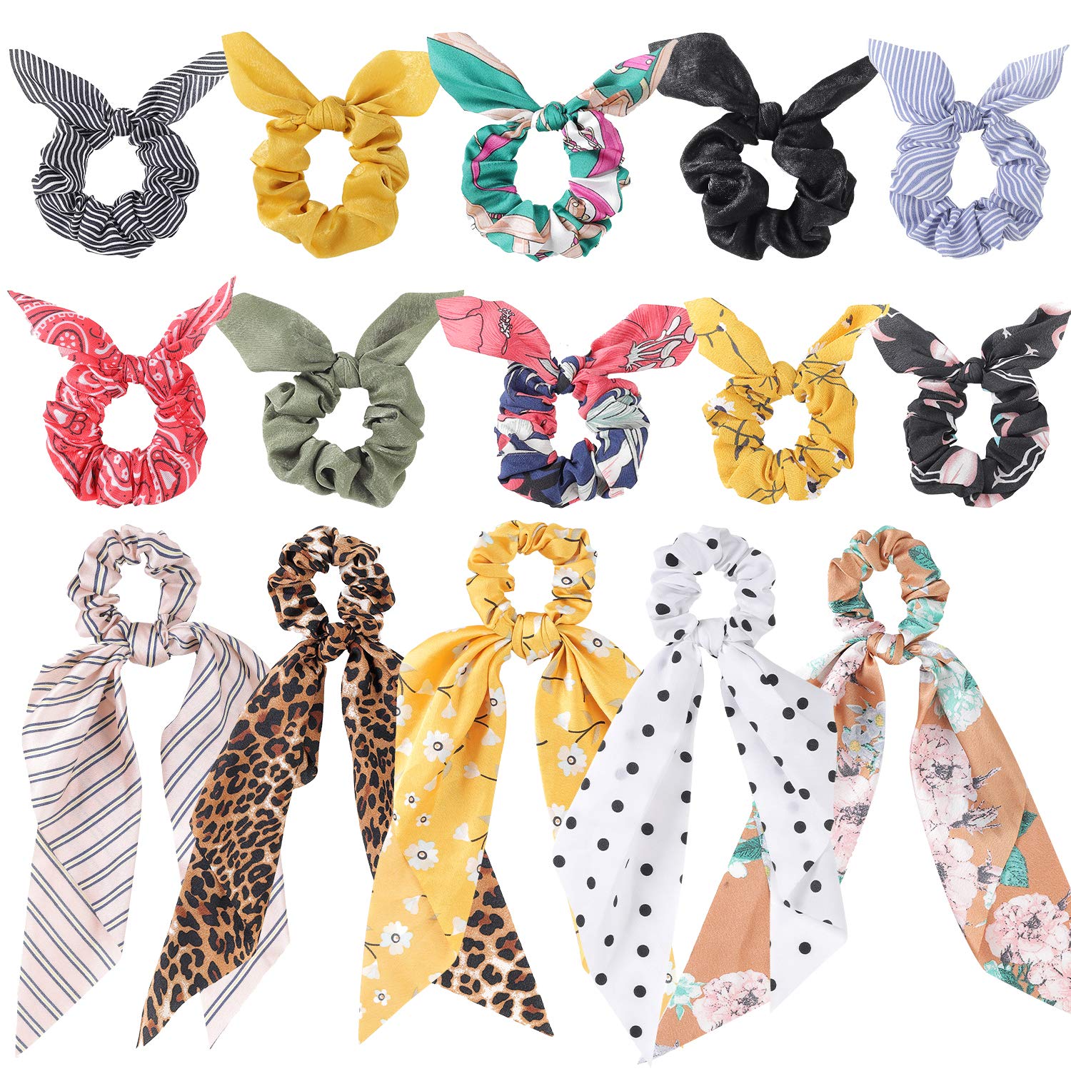 15 Pcs Chiffon Floral Ponytail Holders with Satin Bows and Scrunchies for Women (Color A)