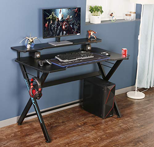 JJS 48" Home Office Gaming Computer Desk with Removable Monitor Stand, X Shaped Large Gamer Workstation PC Table with Cup Holder Headphone Hook Speaker Storage Free Mouse pad, Black