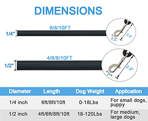 MayPaw 4FT/6FT/8FT/10FT Dog Leash, Classic Solid Colors, Durable Mountain Climbing Rope Dog Leash Reinforced with Leather Tailor Connection Heavy Duty Silver Clasp, 6 Foot Dog Leash Black