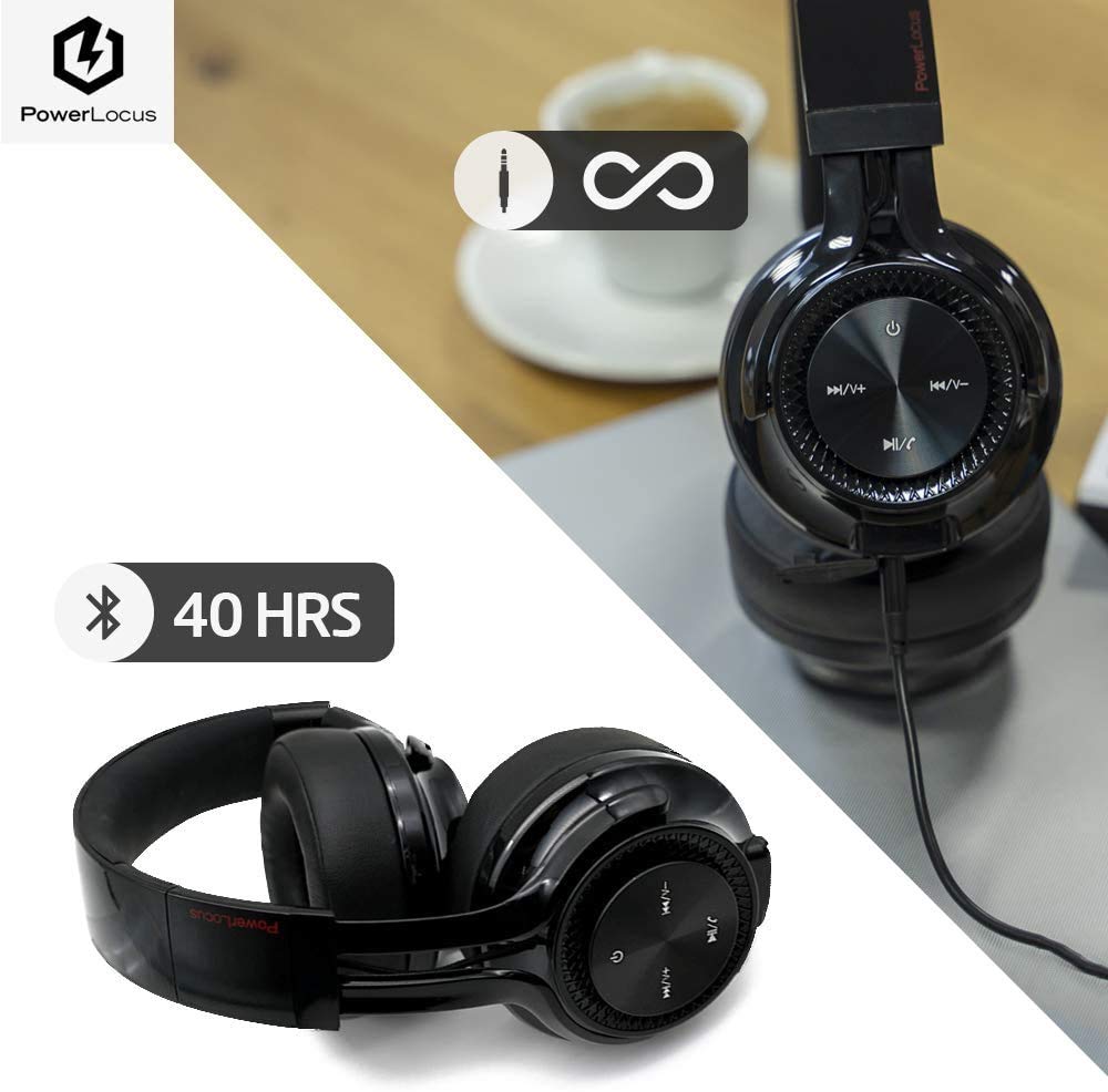 PowerLocus P3 Wireless Bluetooth Headphones Over-Ear, [40h Playtime, Bluetooth 5.0] Foldable Stereo Wireless/Wired Headphone Over Ear with Mic Deep Bass Headset for iOS/Android/Laptop/PC/TV - Black