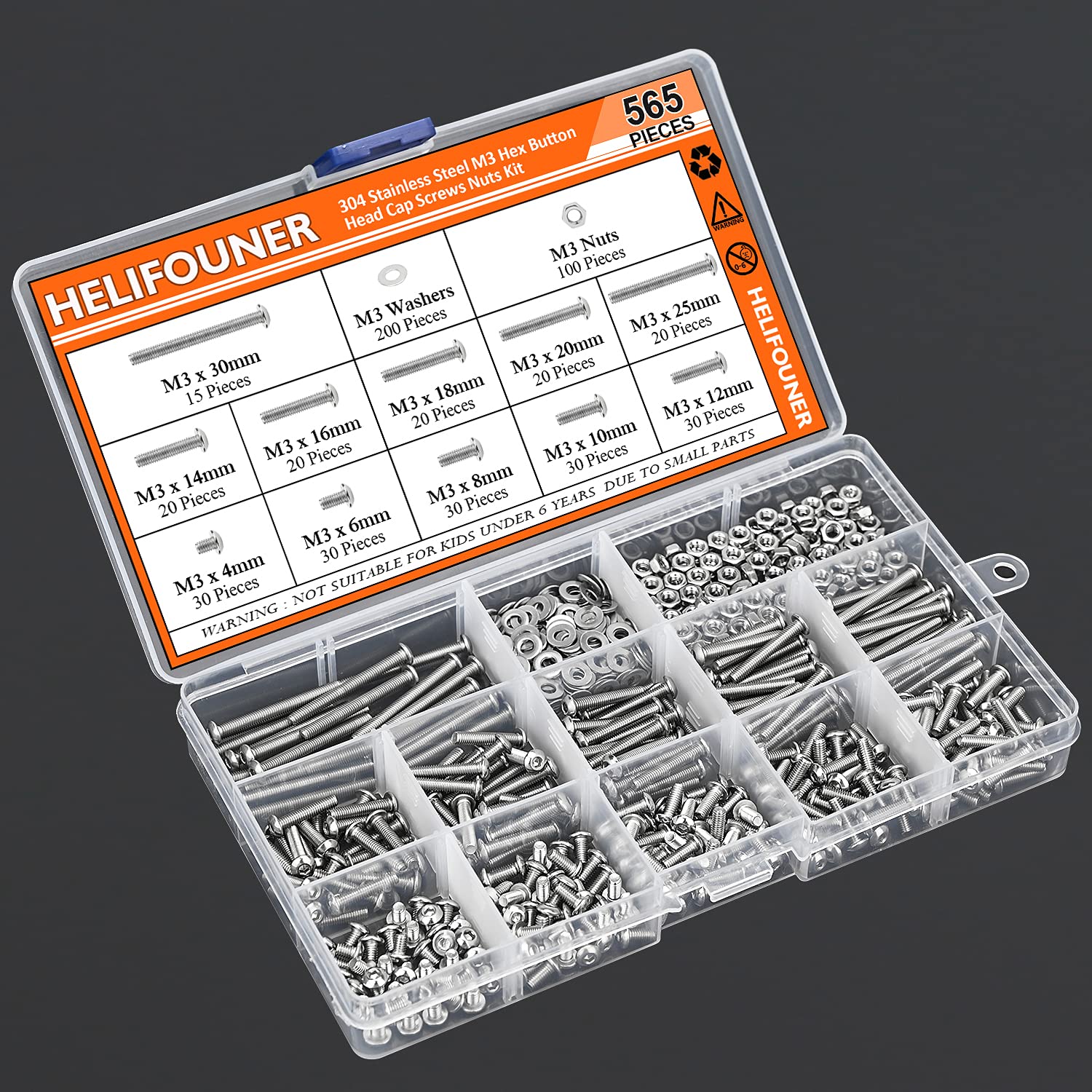 HELIFOUNER 565 Pieces M3 x 4mm /6mm /8mm /10mm /12mm /14mm /16mm /18mm /20mm /25mm / 30mm, Button Head Socket Cap Metric Screws Bolts Washers Nuts Kit, 304 Stainless Steel