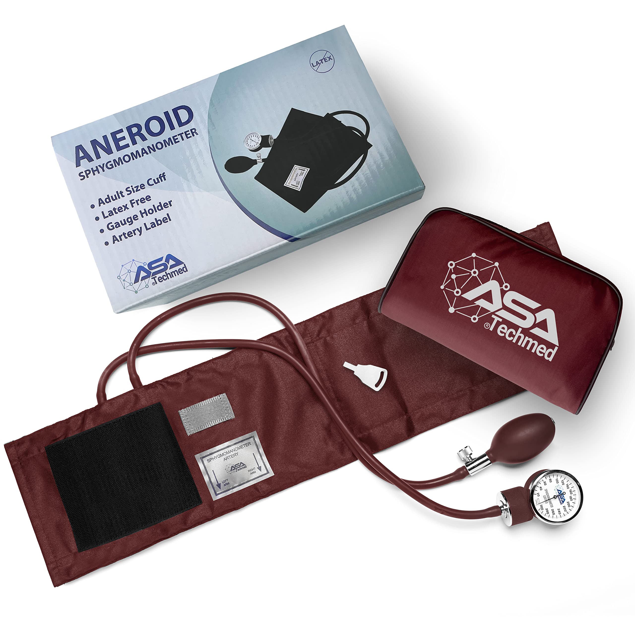 ASA TECHMED Manual Blood Pressure Monitor - Aneroid Sphygmomanometer Blood Pressure Cuff arm for Nurses Universal (Maroon) Standard