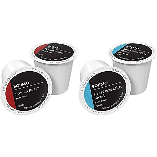Amazon Brand - 100 Ct. Solimo Dark Roast Coffee Pods, French Roast & 100 Ct. Solimo Decaf Light Roast Coffee Pods, Breakfast Blend, Compatible with Keurig 2.0 K-Cup Brewers