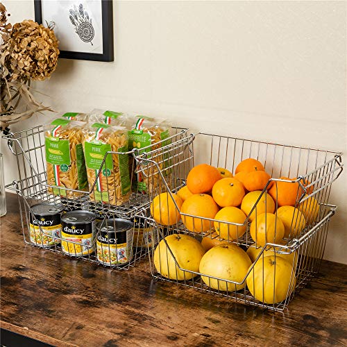 Slideep Large Stackable Storage Baskets Cabinet Organizer Sturdy Metal Wire Pantry Freezer Bin for Pantry Home Bathroom Kitchen Organization 4 Packs
