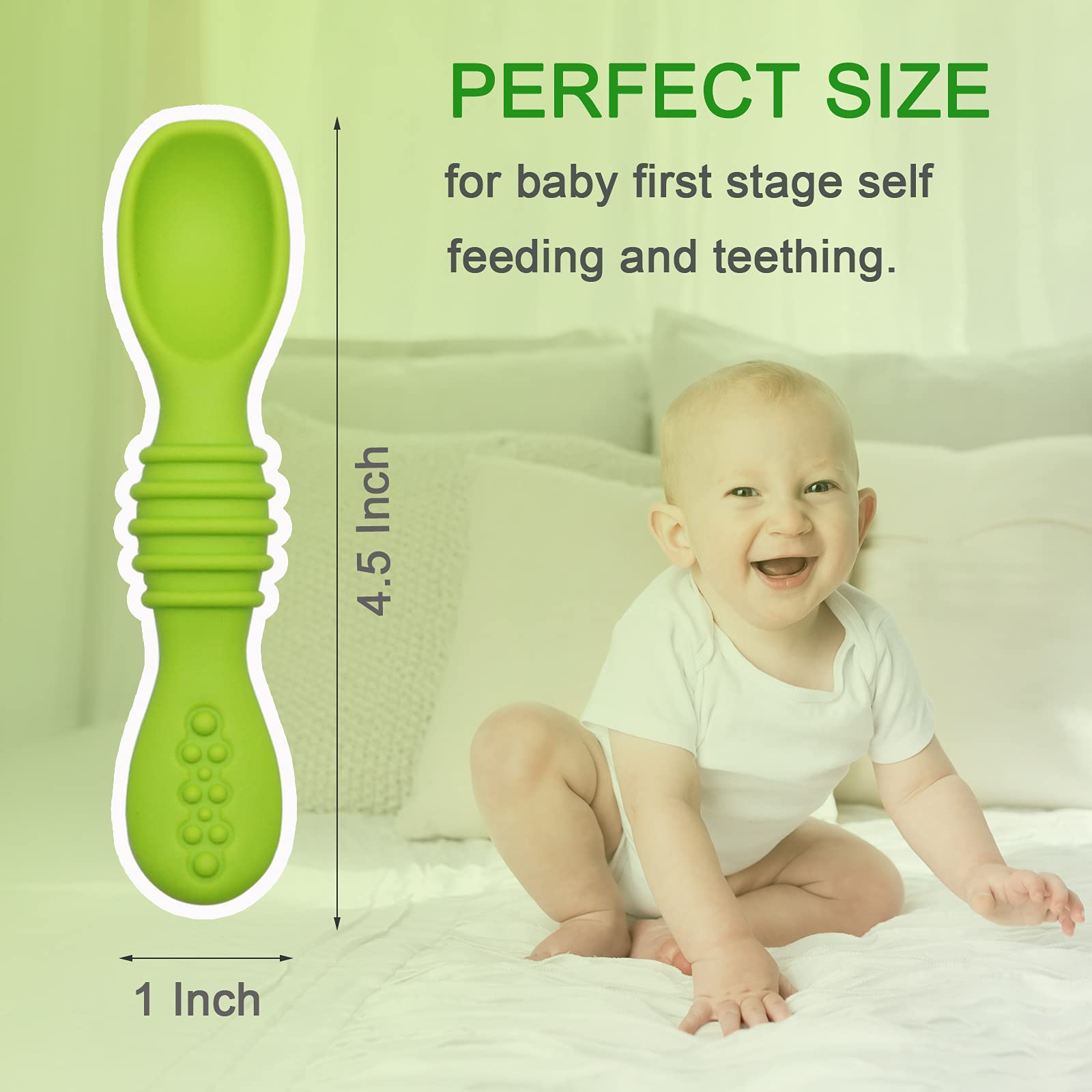 Baby Spoons Self Feeding for 6+ Month Boys Girls, 4 Pack Silicone First Stage Training Spoons for Infants and Toddlers, Chewable Led Weaning Untensils, Dishwasher Safe Boil-proof