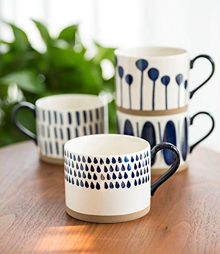 Koja Hand Painted 15 oz. Porcelain Ceramic Mugs Set. Service for 4.