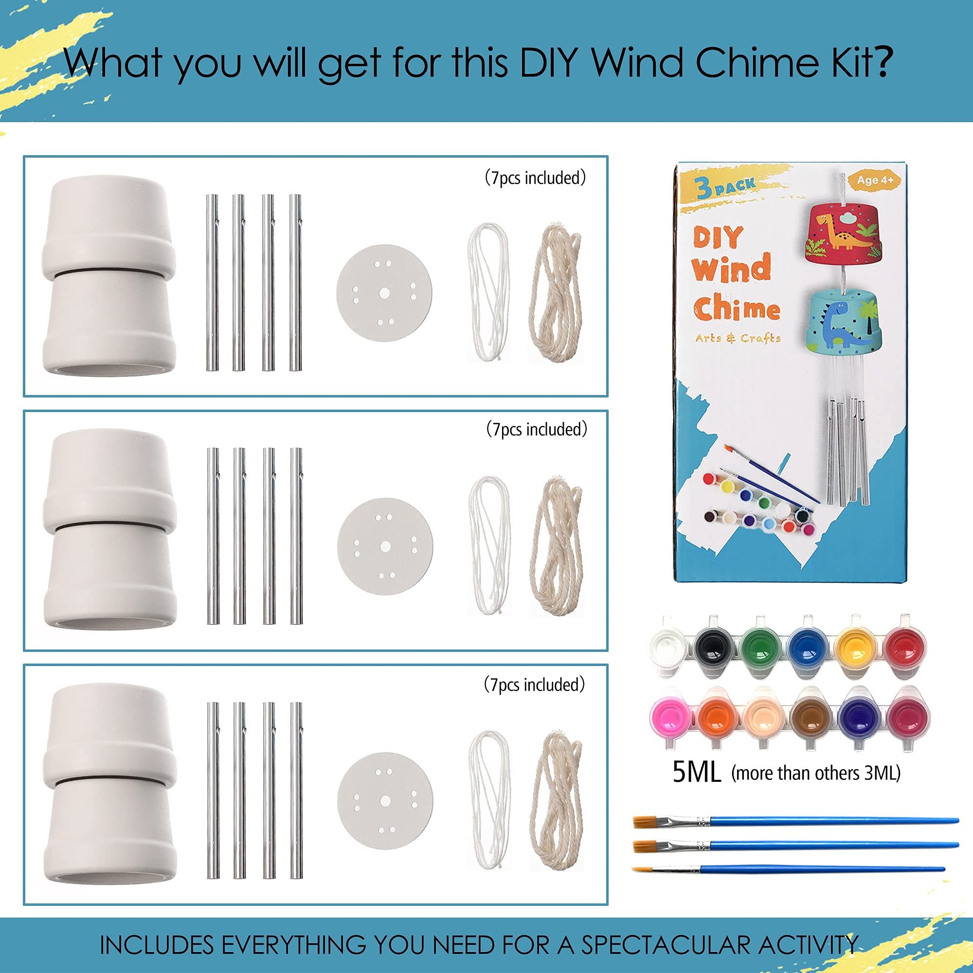 3-Pack DIY Wind Chime Kits- Arts and Crafts for Boys Girls Kids Ages 8-12 4-8 6-8 5-7 3-5, Construct & Paint Birthday Holiday for Kids