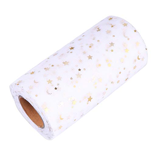 MILISTEN Mesh Ribbon Wide Whimsy Ribbons with Gold Star Moon Pattern DIY Craft Web Ribbon for Gift Wrapping Home Wedding Christmas Cake Decoration 2280x15cm (White)
