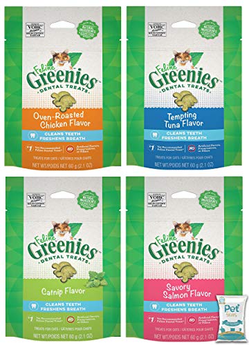 Greenies (4 Pack) Feline Dental Cat Treat Variety Bundle 4 Flavors - 2.1oz Each Bag, (1) Tempting Tuna, (1) Savory Salmon, (1) Oven Roasted Chicken, and (1) Catnip Flavor 10ct Pet Wipes