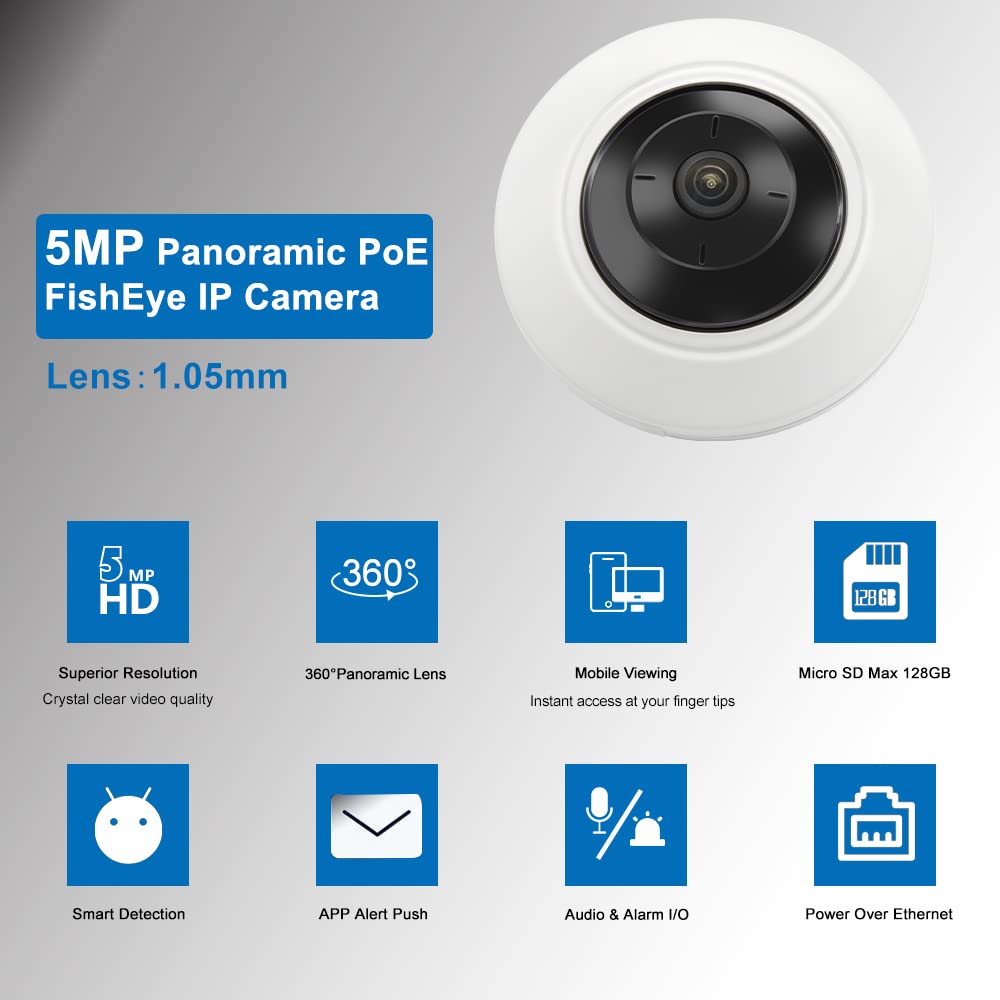 5MP FishEye Panoramic PoE IP Security Camera Indoor, OEM DS-2CD2955FWD-IS with 1.05mm Fixed Lens, 180° Wide Angle View, Audio & Alarm I/O, Support Micro SD Card, 26ft Night Vision, Smart IVS (DT955)