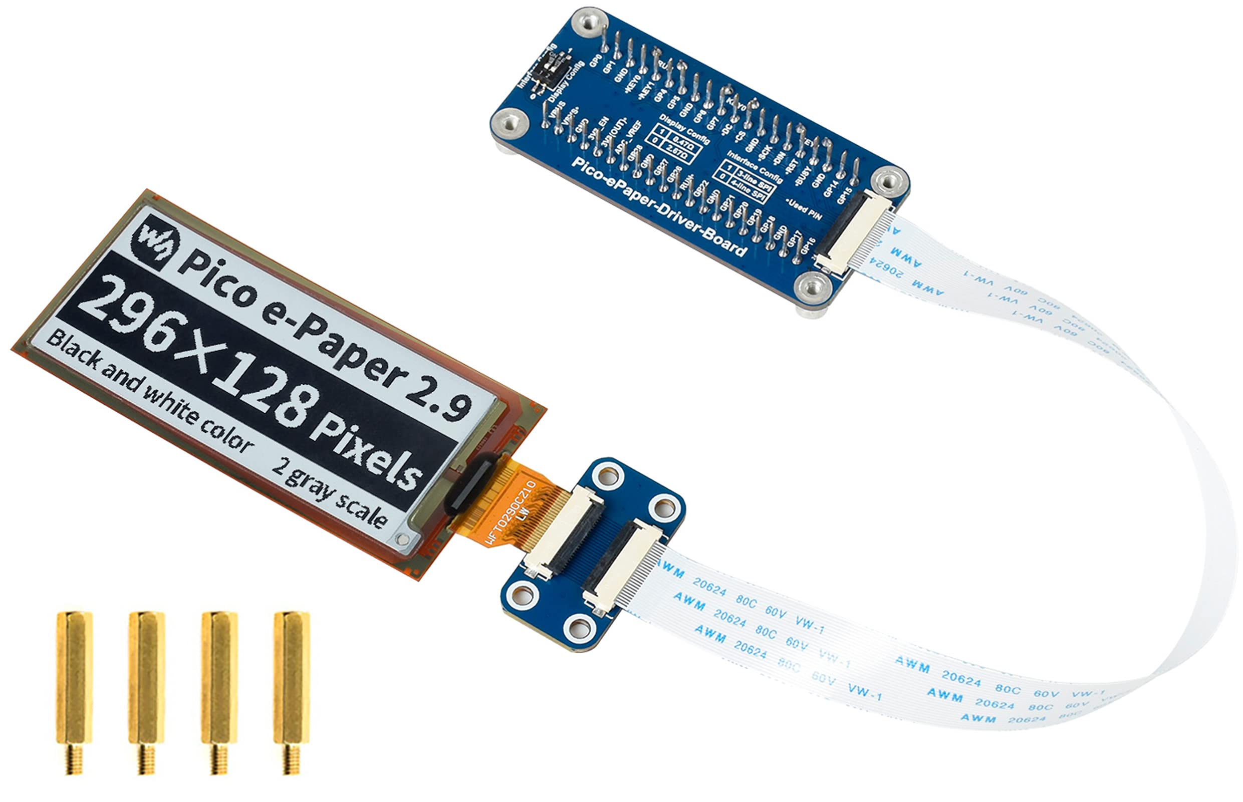 2.9inch Flexible E-Paper Display Module for Raspberry Pi Pico, 296×128 Resolution E-Ink Display Panel, Black/White Display Color, SPI Interface, Support Partial Refresh