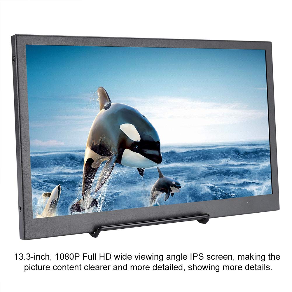 ASHATA Portable Monitor, 13.3 inch 1920x1080 FHD HDR Display with Bracket, Gaming Monitor for PS3 Switch/for 360, Micro and 3.5mm Port, DC 12V or Micro USB 5V Power