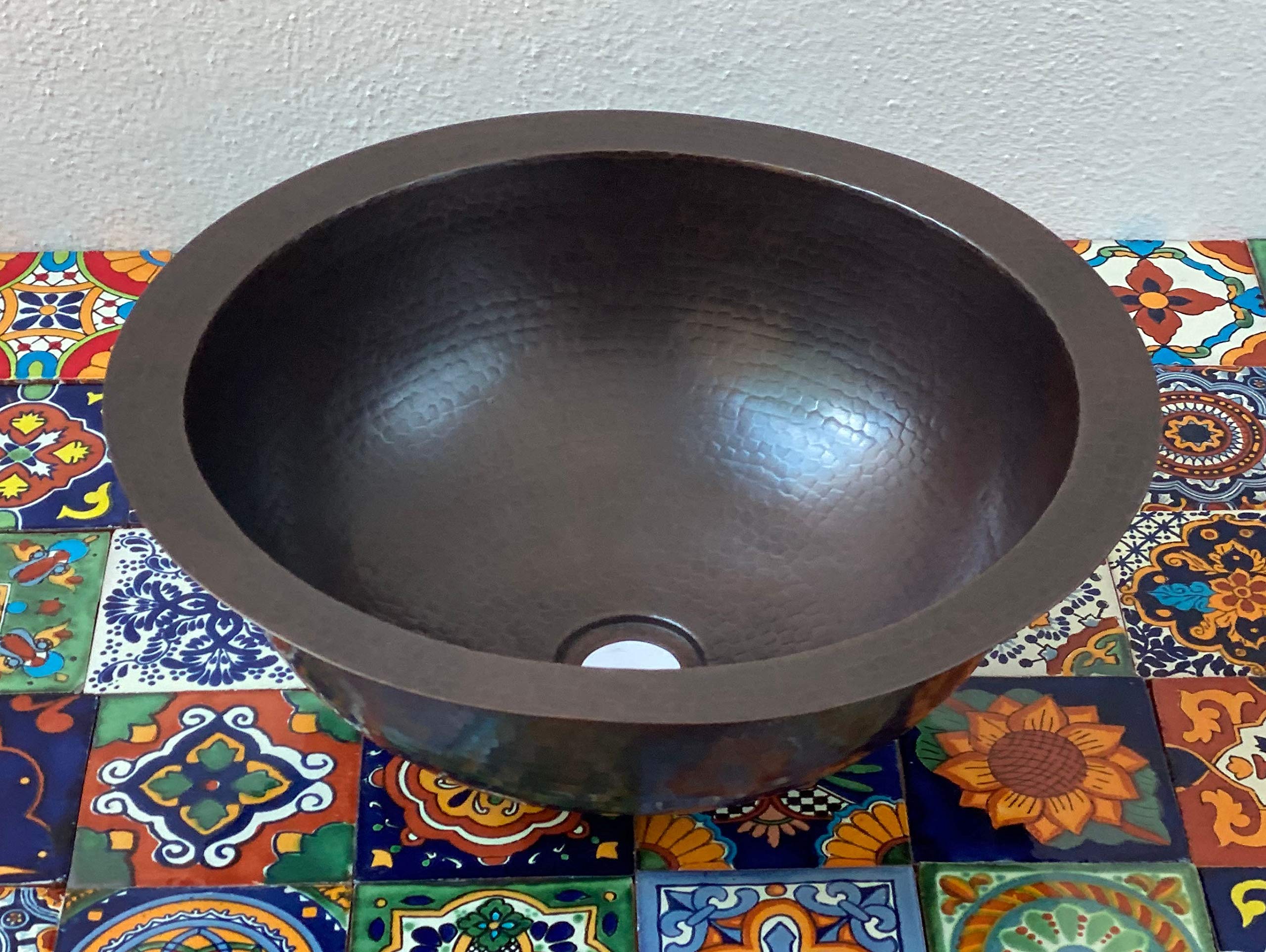 15" Round Copper Bathroom Sink Mexican Copper Bath Sink Pure Copper Hand Hammered Dual Mount Dark CPS05