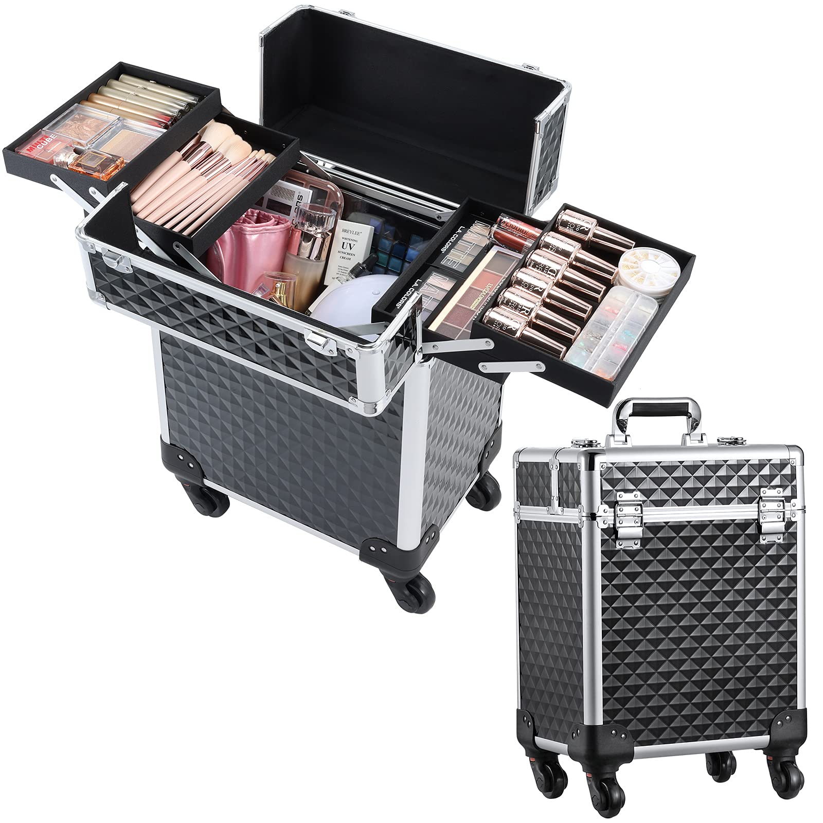 Mecucasi Rolling Makeup Train Case Large Cosmetic Trolley Organized Aluminum Barber Case for Hairstylist Makeup Nail Tech Salon with Keys Swivel Wheels Traveling Cart Trunk - Black