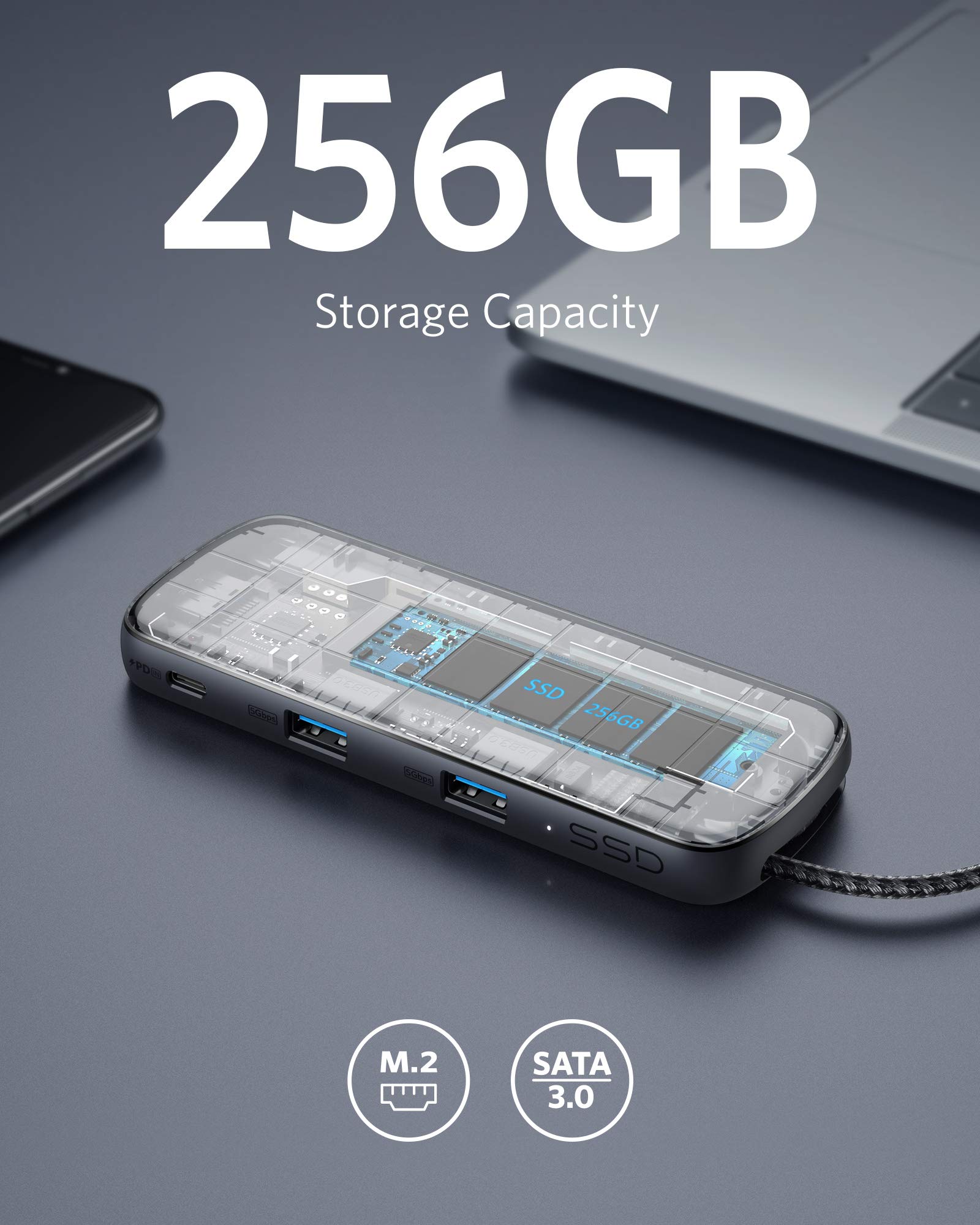 Anker PowerExpand 4-in-1 SSD USB C Hub, with 256G SSD Storage, 4K HDMI, 100W Power Delivery and 2 USB 3.0 Data Ports, for MacBook Pro, MacBook Air, iPad Pro, XPS, and More