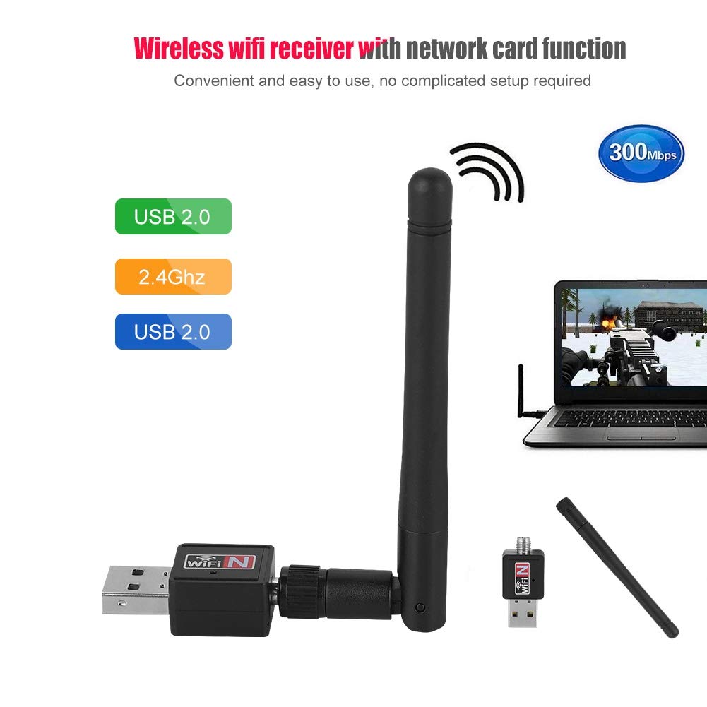 ASHATA USB Adapter 300Mbps, USB 2.0 Network Dongle with High Gain Antenna for PC/Desktop/Laptop/Tablet, 2.4GHz?802.11b/g/n, Support 2000, XP, Vista, 7,