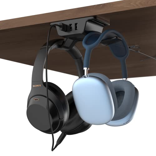 HumanCentric Hook and Charge Headphone Hanger with USB Charger, Under Desk Headphone Mount + Headphone Stand, Charge Accessories with 3 USB A Ports, Hook Headphones on Headset Holder Desk Hook, Black